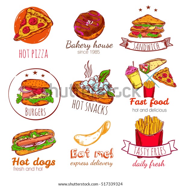 Set Nine Isolated Fast Food Labels Stock Vector (Royalty Free ...