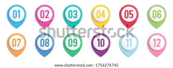 Set of number bullet point markers 1 to 12 with shadow