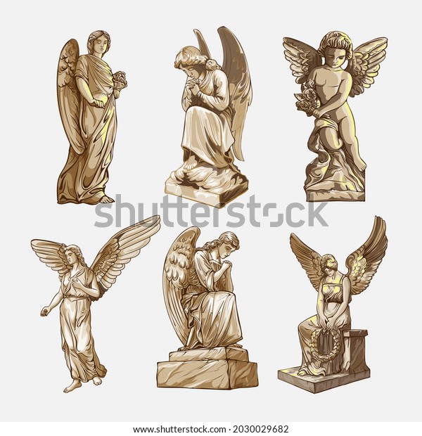 Set Off Crying Praying Angels Sculptures Stock Vector (Royalty Free ...