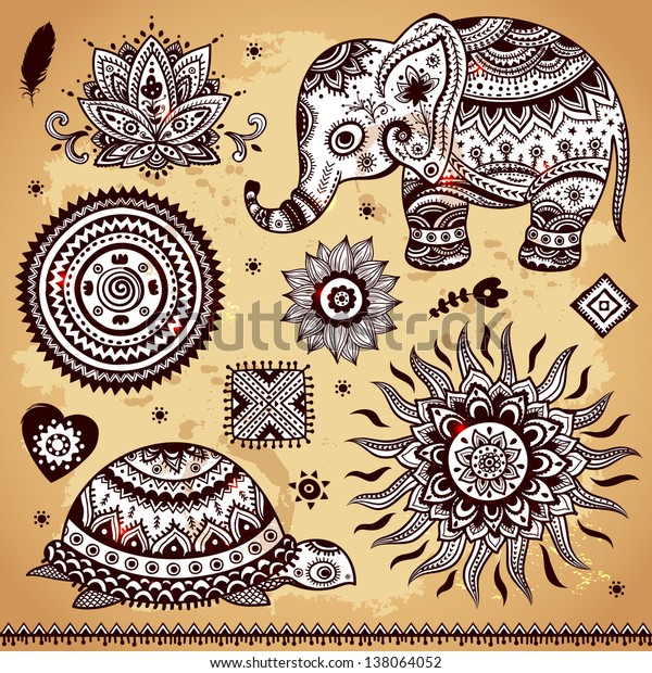 Set Ornamental Indian Elements Symbols Stock Vector (Royalty Free ...
