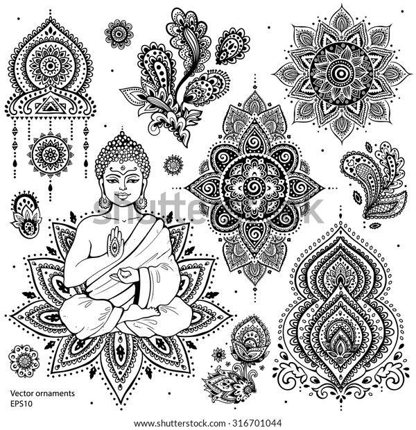 Set Ornamental Indian Elements Symbols Stock Vector (Royalty Free ...
