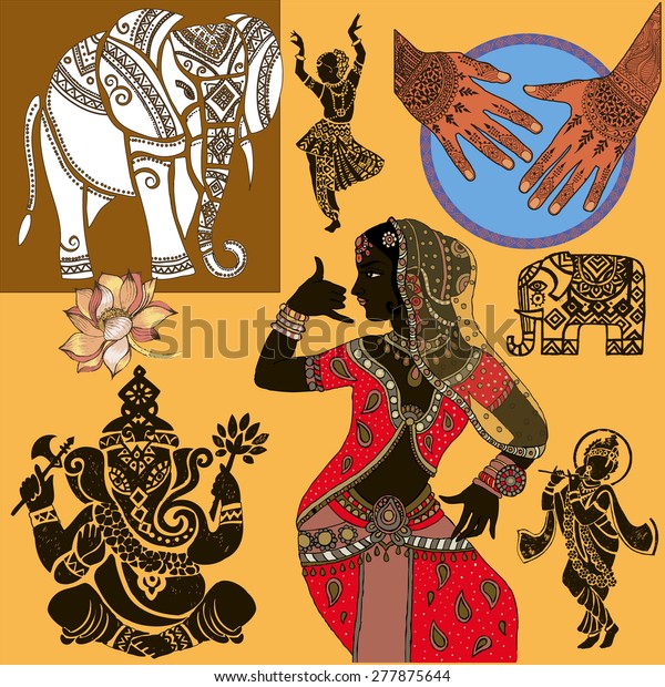 Set Ornamental Indian Elements Symbolsindian Woman Stock Vector ...
