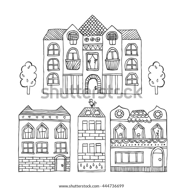 Stock vektor „Set Outline Hand Drawn Buildings Vector“ (bez autorských ...