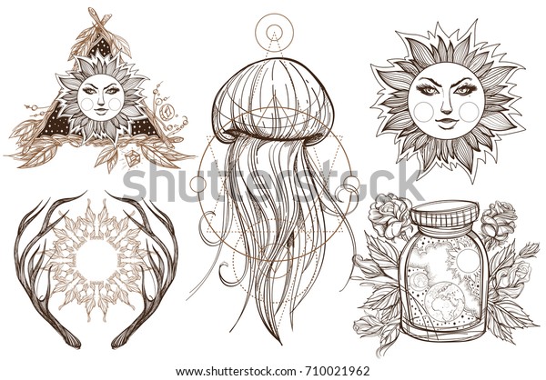 Set Outline Illustrations Style Boho Templates Stock Vector (Royalty ...