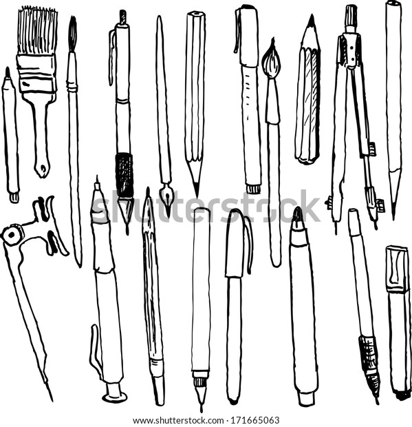 conjunto de plumas y lápices, instrumentos de dibujo con tinta ...