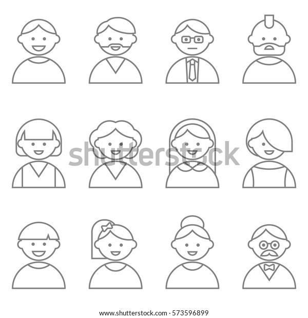 Set of people icons with faces. Simple linear icon set of men and women ...