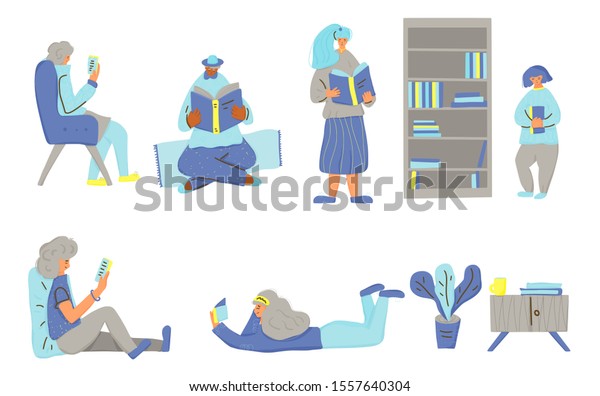 Set People Reading Books Isolated On Stock Vector (Royalty Free ...