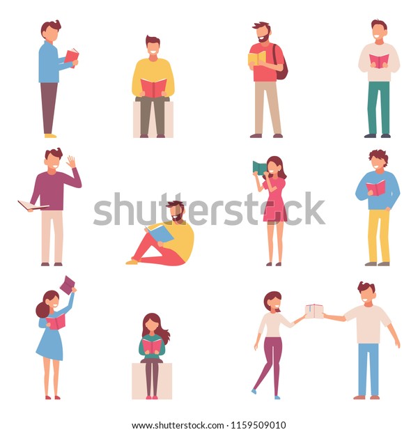Set People Reading Books Vector Illustration Stock Vector (Royalty Free ...