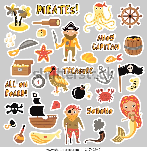 Set Pirates Vector Cartoon Stickers Adventures Stock Vector (Royalty ...