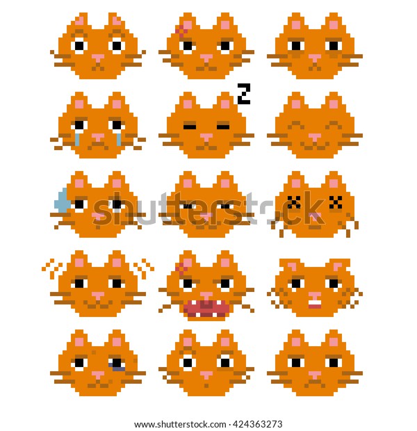 Set Pixel Red Cat Emoticons Collection Stock Vector (Royalty Free ...