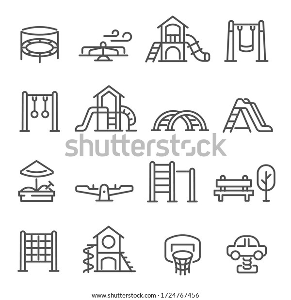 Set of playground equipment thin line icons isolated on white. Playpit ...