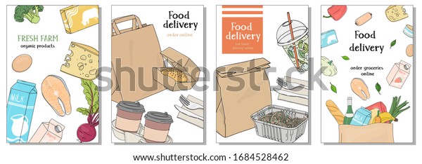 Set Posters Dedicated Delivery Food Groceries: เวกเตอร์สต็อก (ปลอดค่า ...