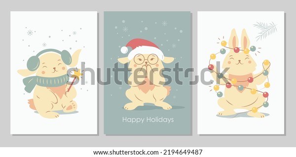 Set Posters Rabbits Christmas Hat Garland Stock Vector (Royalty Free ...