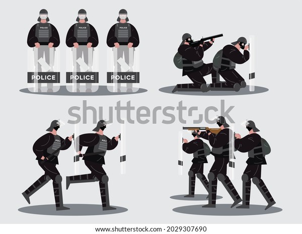 Set Protection Crowd Control Police Action Stock Vector (Royalty Free ...