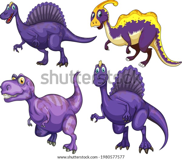 Set Purple Dinosaur Cartoon Character Illustration Stock Vector ...