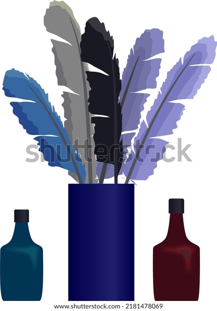 Set Quills Two Bottles Ink Vector Stock Vector (Royalty Free ...