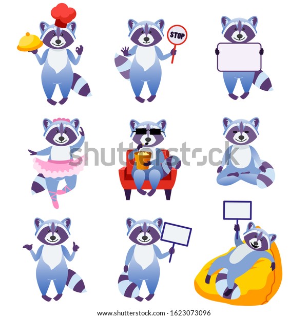 Set Raccoons Different Poses On White Stock Vector (Royalty Free ...