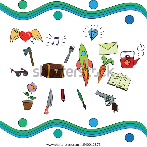 Set Random Items Carrot Gun Rocket Stock Vector (Royalty Free ...