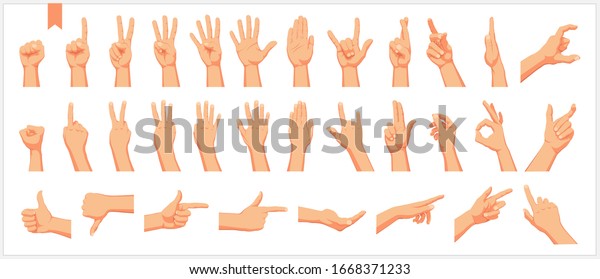 Set of realistic human hands, signs and gestures, figures and finger ...