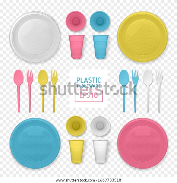 Set Realistic Plastic Dishes On Transparent Stock Vector (Royalty Free ...