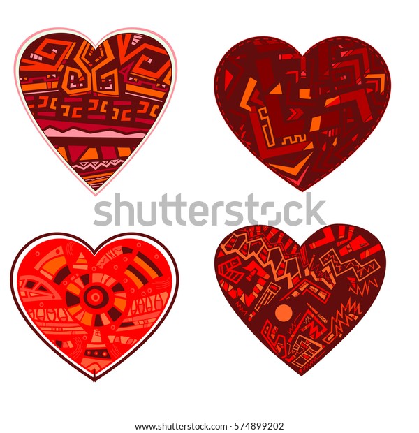 Set Red Hearts Tribal Aztec Style Stock Vector (Royalty Free) 574899202 ...