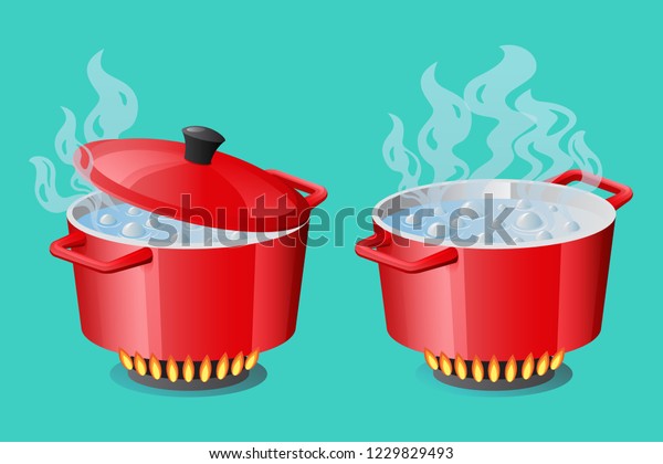 Set Red Pans Boiling Water Opened Stock Vector (Royalty Free ...