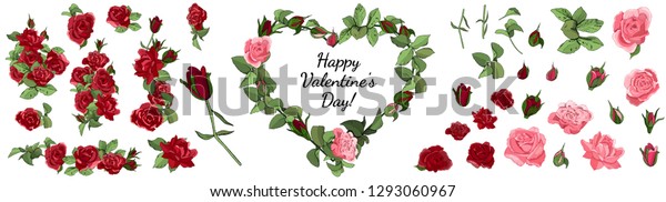 Set Roses Leaves Isolated On White Stock Vector (Royalty Free ...