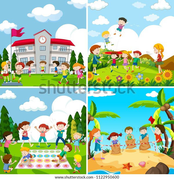 Set Scence Children Playing Illustration Stock Vector (Royalty Free ...