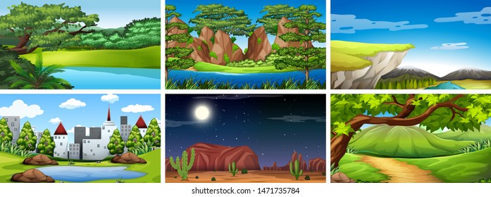 Set Scenes Nature Setting Illustration Stock Vector (Royalty Free ...
