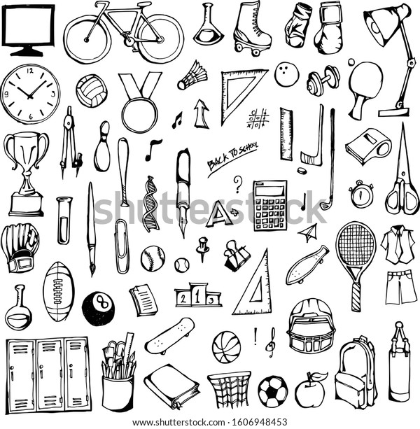 Set School Drawing Illustration Hand Drawn Stock Vector (Royalty Free ...