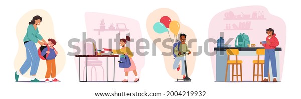 Set School Preparation, Kids Prepare for Studying Concept. Mother ...