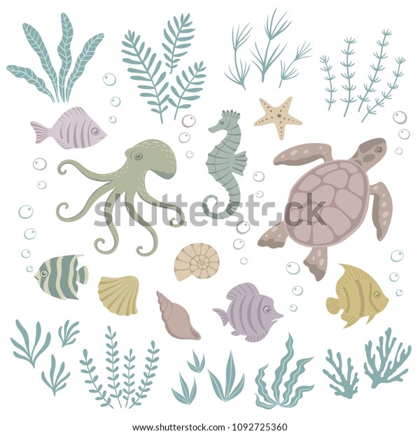 Set Sea Animals Seaweed Vector Illustration Stock Vector (Royalty Free ...