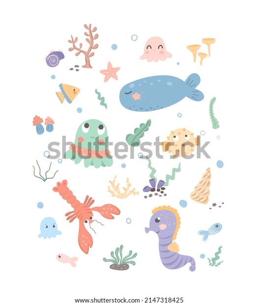 Set Sea Creatures Cartoon Characters Underwater 库存矢量图（免版税）2147318425 ...