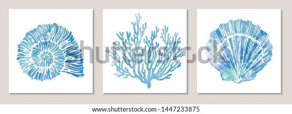 Set Sea Elements Blue Watercolor Style Stock Vector (Royalty Free ...
