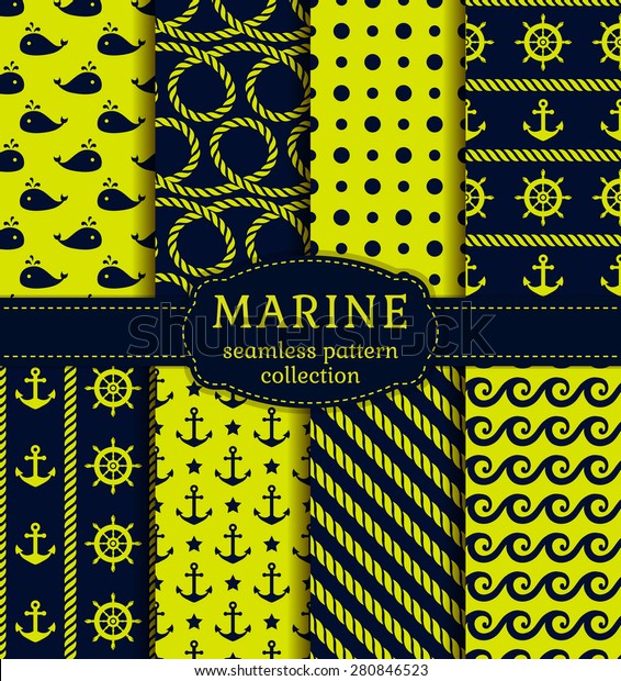 Set of sea and nautical backgrounds in dark blue and green colors. Sea theme. Seamless patterns ...