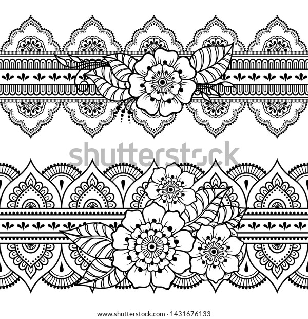 Set Seamless Borders Pattern Mehndi Flower Stock Vector (Royalty Free ...