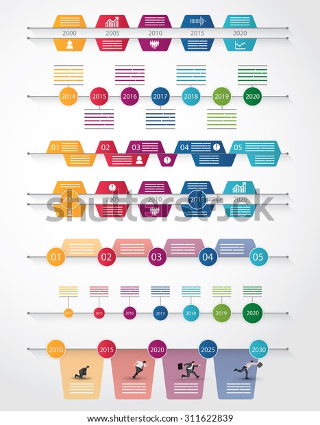 Set Seven Different Timeline Infograpics Brochures Stock Vector ...
