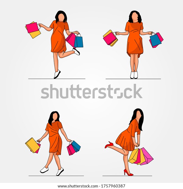 Set Shopping Girls Different Poses Vector Stock Vector (Royalty Free ...