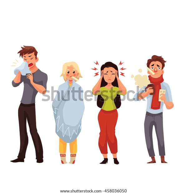 Set of sick people cartoon style vector illustration isolated on white ...