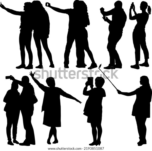 Set Silhouettes Man Woman Taking Selfie Stock Vector Royalty Free