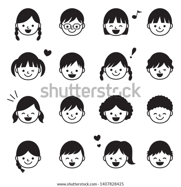 Set Simple Kids Face Icons Vector 스톡 벡터(로열티 프리) 1407828425