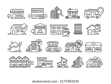 Set Simple Linear Pictogram Buildings Icons Stock Vector (Royalty Free ...