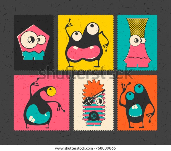 Set Six Retro Postages Stamp Funny Stock Vector (Royalty Free) 768039865