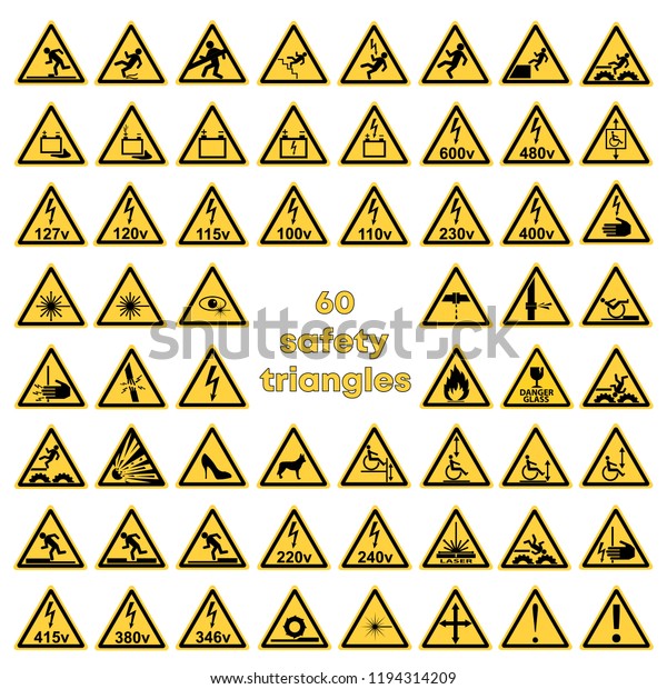 Set Sixty Yellow Safety Triangles Different Stock Vector (Royalty Free ...