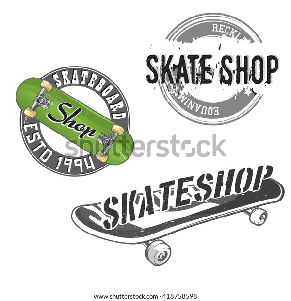 Set of skateboarding labels, icons, logotypes, signs. Skate shop badges ...