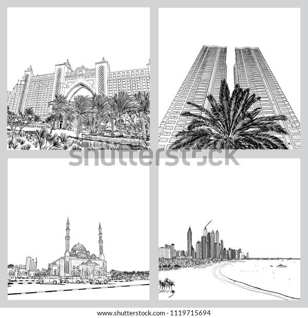 Set Sketch Marina Dubai Uae Skylines Stock Vector (Royalty Free) 1119715694