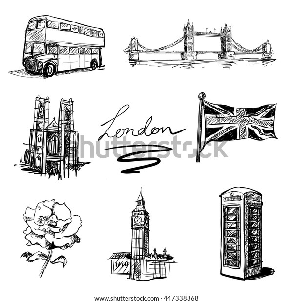 Set of sketchy style hand drawn isolated illustrations of world famous ...