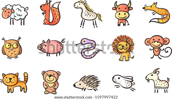 Set Small Sketchy Animals Colorful Vector Stock Vector (Royalty Free ...