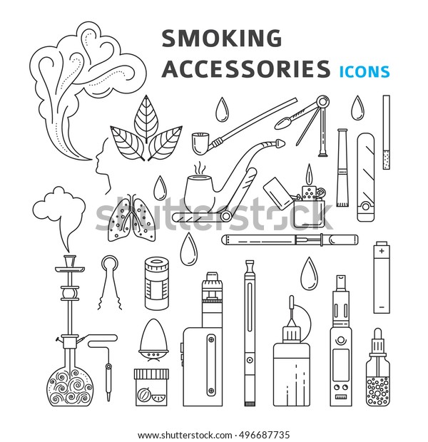 Set of smoking tobacco and vape elements. Hookah, Smoking pipe and Vape ...