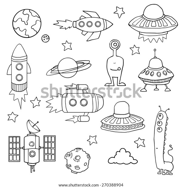 Set Space Ships Planets Aliens Hand Stock Vector (Royalty Free ...